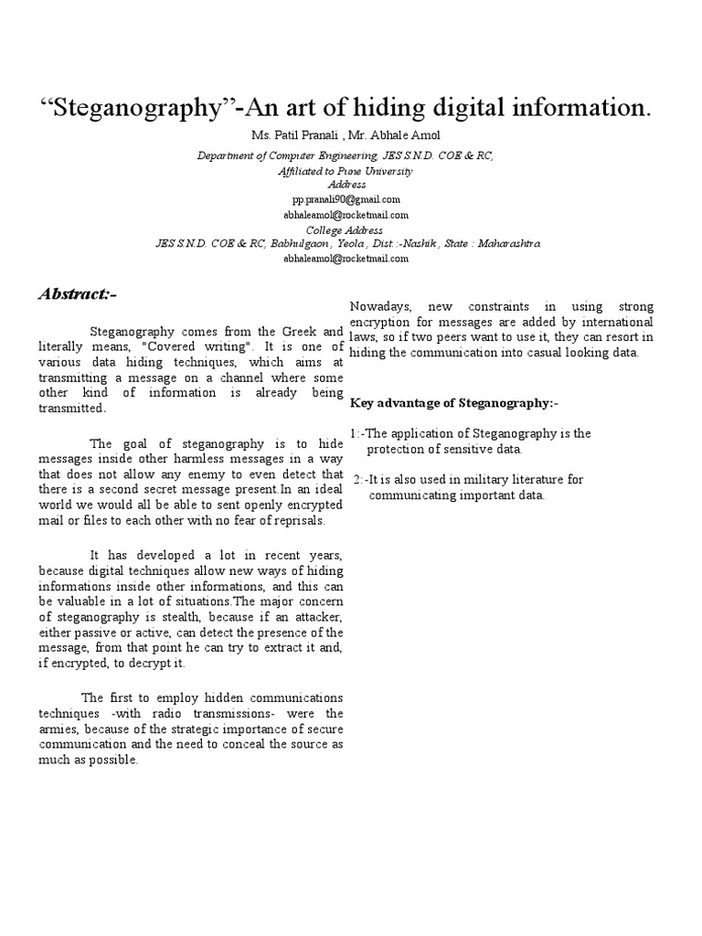 "Steganography"-An Art of Hiding Digital Information.: Abstract | PDF | Encryption | Information