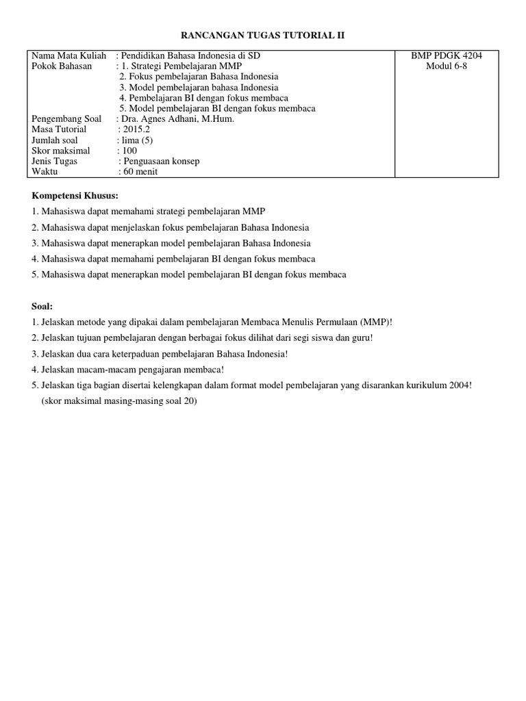 Soal Tugas Tutorial 2-PDGK4204 | PDF