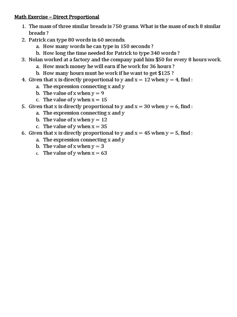 Math Exercise - Direct Proportional | PDF | Language Arts & Discipline | Teaching Methods ...