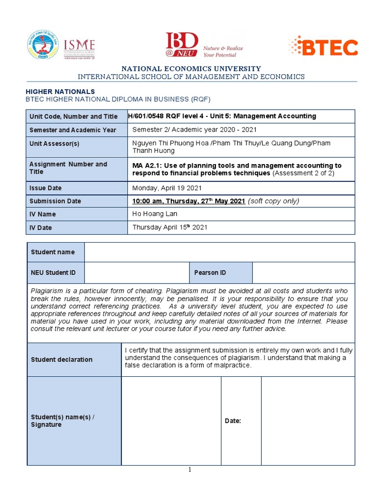 MA Assignment Brief A2.1 SPRING 2021 | PDF | Management Accounting ...