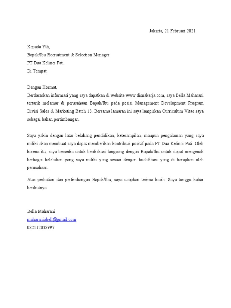 Lamaran Posisi Management Development Program Divisi Sales & Marketing PT Dua Kelinci Pati | PDF