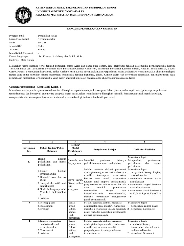 Rencana Pembelajaran Termodinamika Fisika | PDF