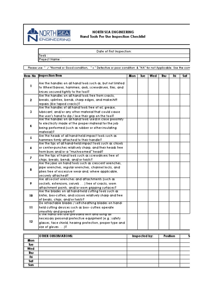 North Sea Engineering Hand Tools Pre Use Inspection Checklist | PDF ...