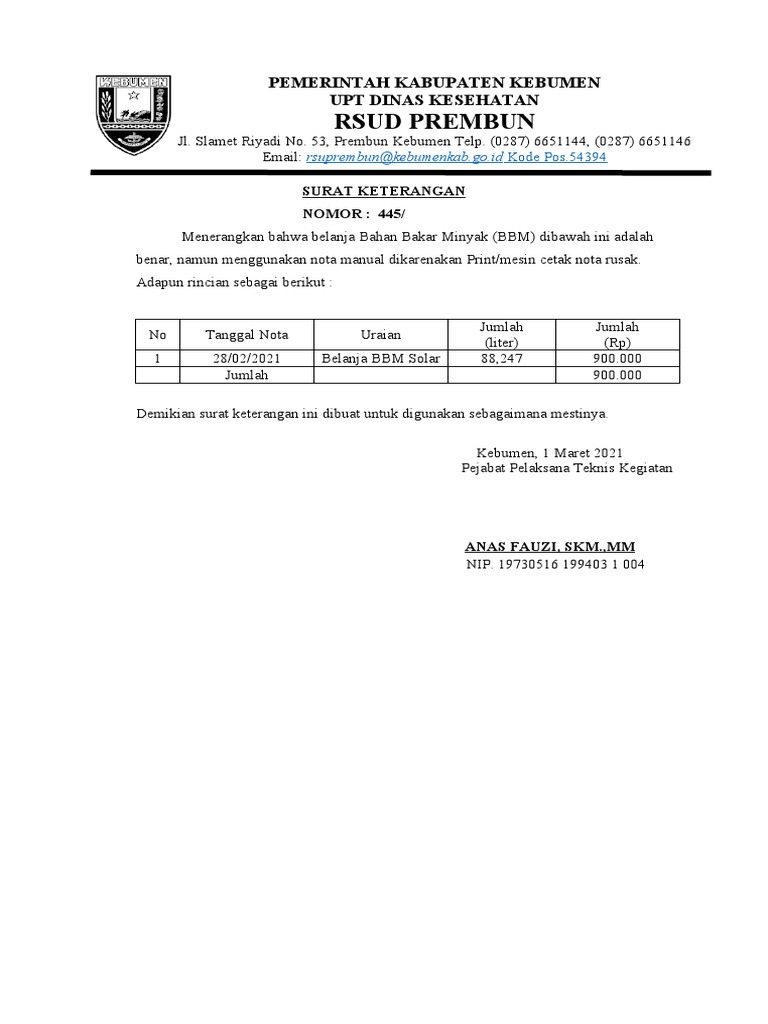 Surat Keterangan BBM | PDF