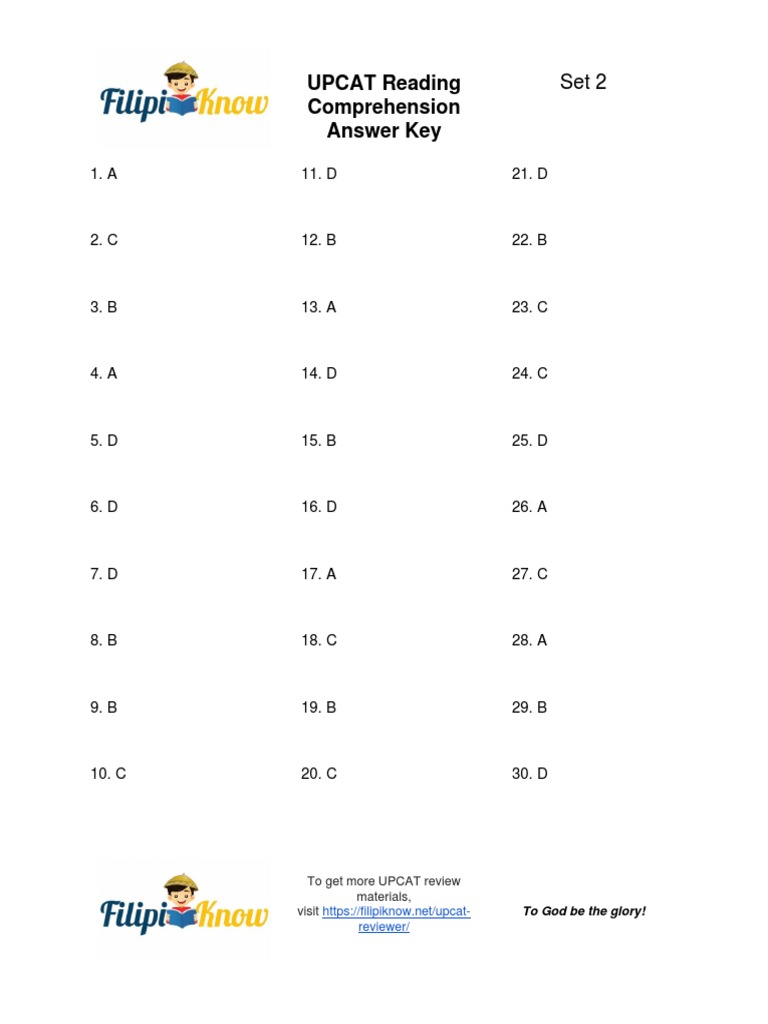 UPCAT Reading Comprehension Answer Key Set 2 | PDF