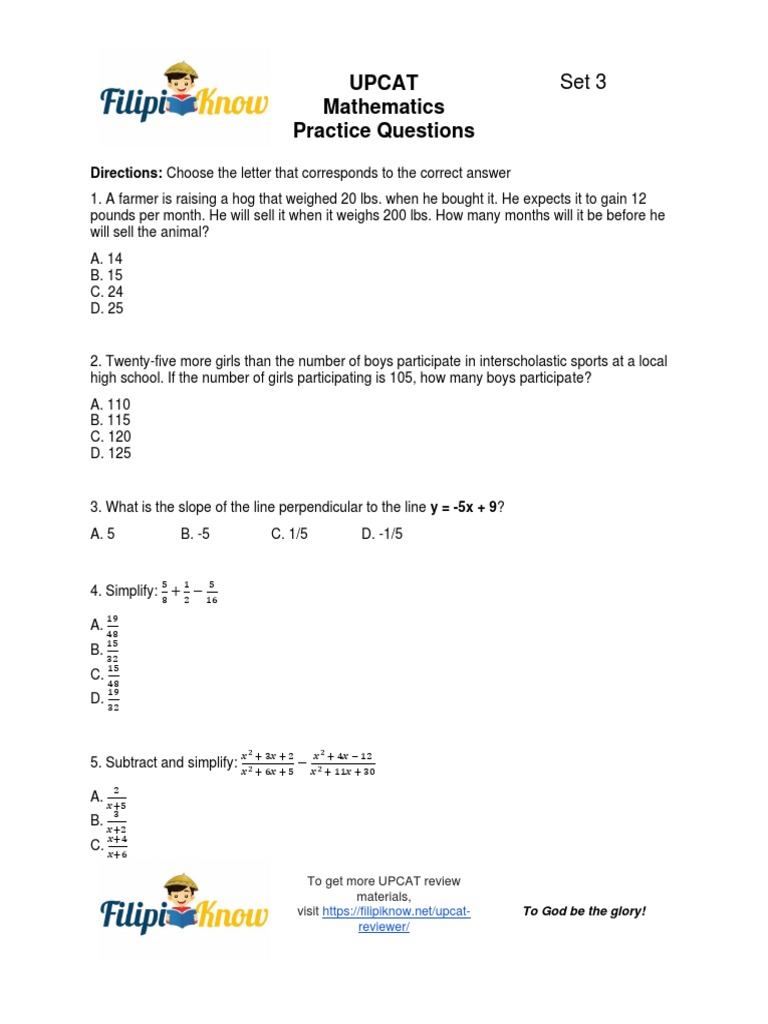 Upcat Mathematics Practice Questions: Directions: Choose The Letter ...