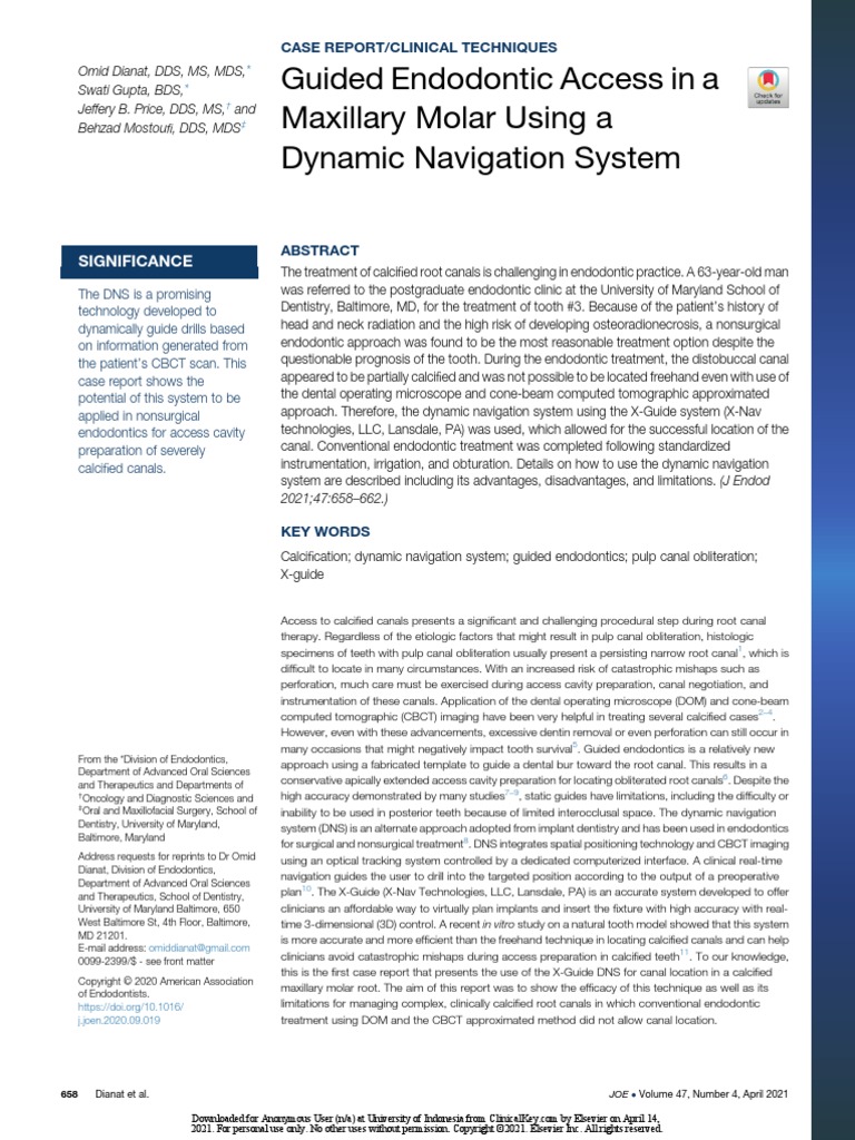 Guided Endodontic Access in A Maxillary Molar Using A Dynamic Navigation System | PDF ...