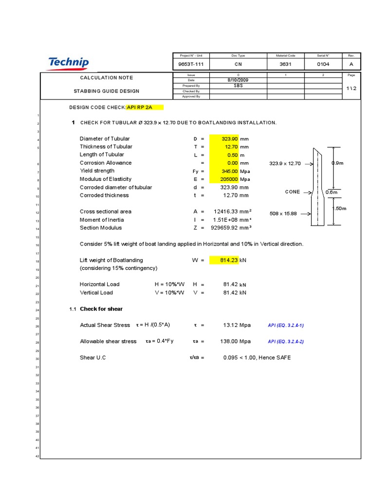 Calculation Note Stabbing Guide Design Design Code Check:Api RP 2A ...