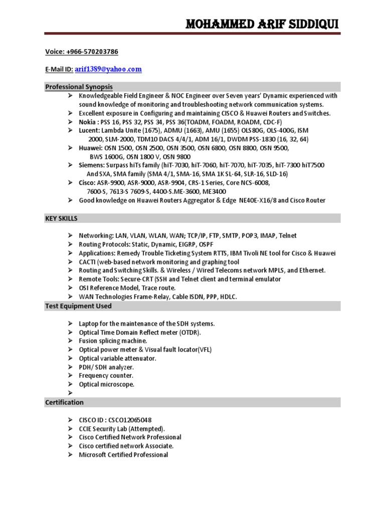 Telecom Engineer Resume: Mohammed Arif | PDF | Computer Network ...