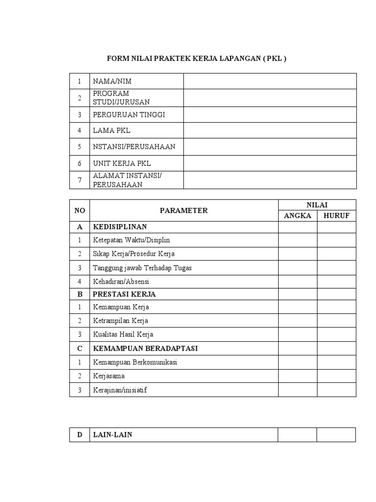Form Penilaian PKL Mahasiswa | PDF