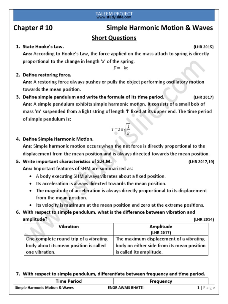 Chapter 10 Short Questions | PDF | Waves | Frequency