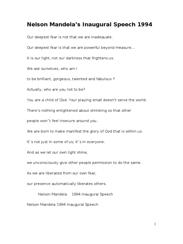 Nelson Mandela's Inaugural Speech 1994 | PDF | Hope | Meaning Of Life