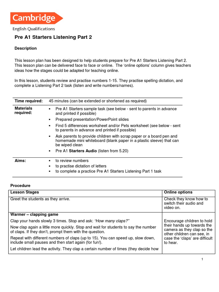 Pre A1 Starters Listening Prep | PDF | Worksheet | Lesson Plan