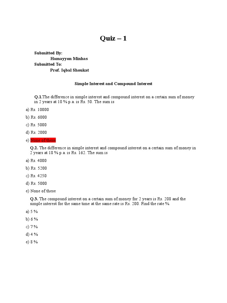 Quiz On Interest & Compound Interest | PDF | Compound Interest | Interest