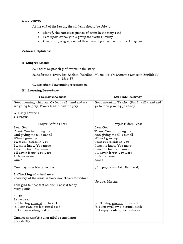Lesson Plan in Sequencing | PDF | Prayer