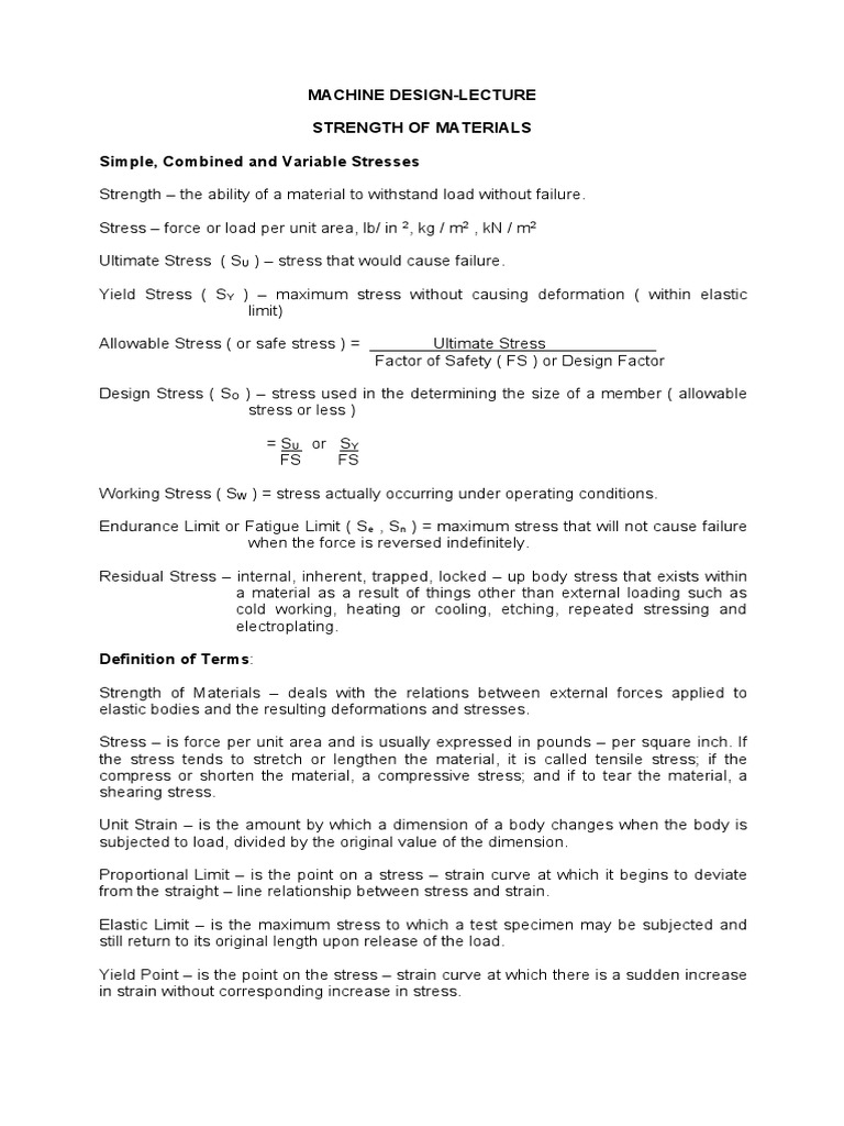 Machine Design-Lecture Strength of Materials Simple, Combined and Variable Stresses | Download ...