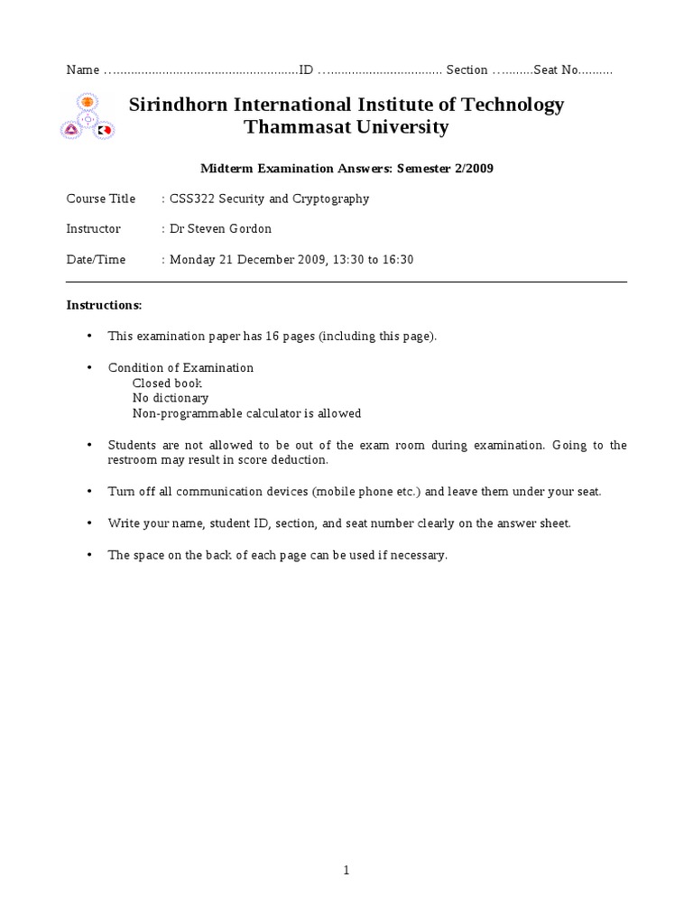 Midterm Exam Answers: CSS322 Security | PDF | Encryption | Cipher