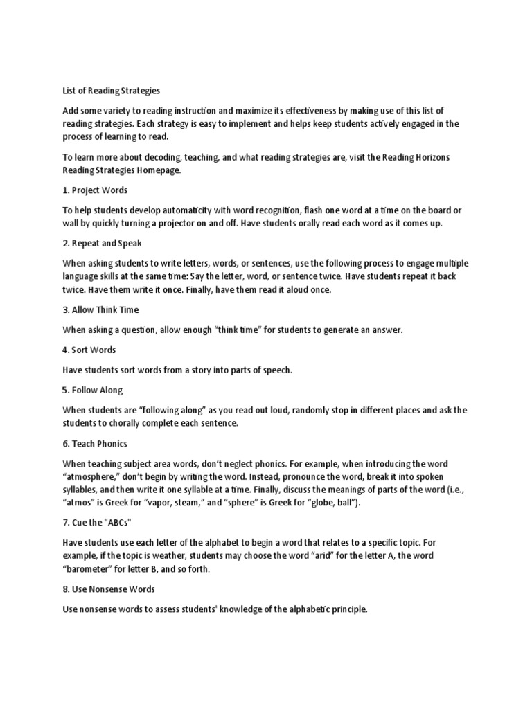 Effective Reading Strategies List | PDF | Phonics | Reading Comprehension