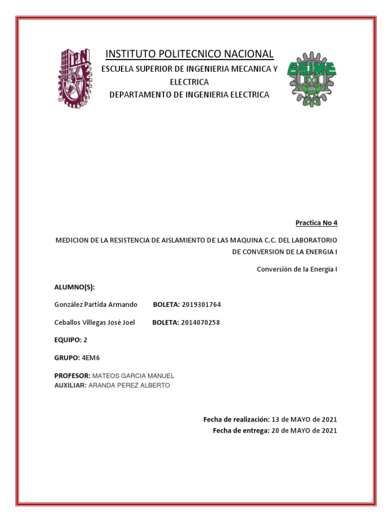 Practica 4, Conversion Energia 1, Equipo 2,4 EM6 | PDF | Aislador (Electricidad) | Resistencia ...