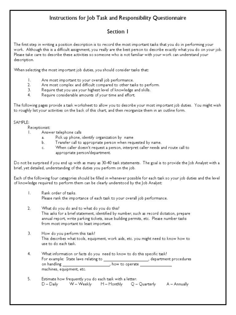 Job Task and Responsibility Questionnaire PDF | PDF | Performance ...