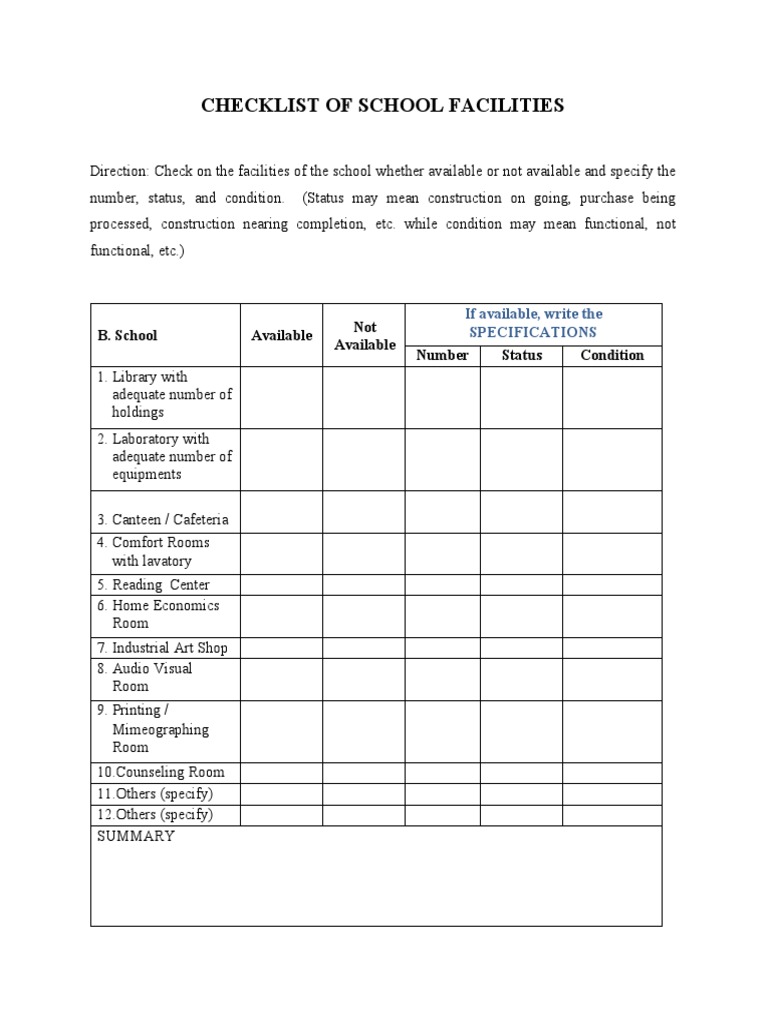 Checklist of School Facilities | PDF