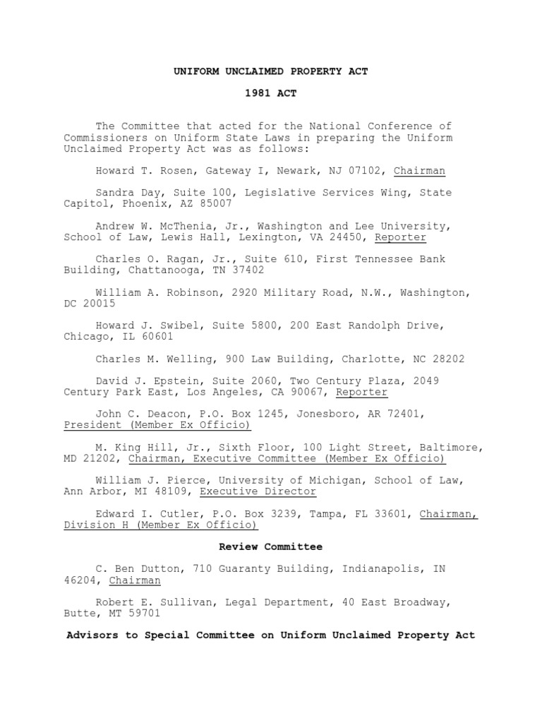 Uniform Unclaimed Property Act 1981 ACT | PDF | Private Law | Justice