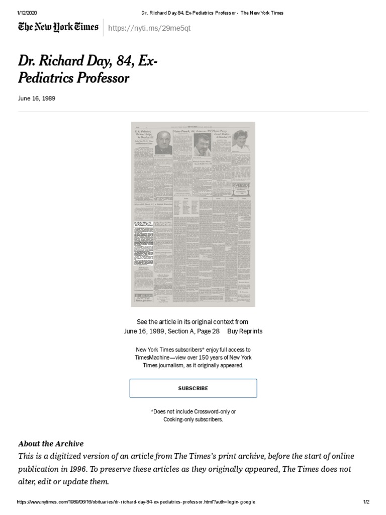 Dr. Richard Day, 84, Ex-Pediatrics Professor - The New York Times | PDF ...