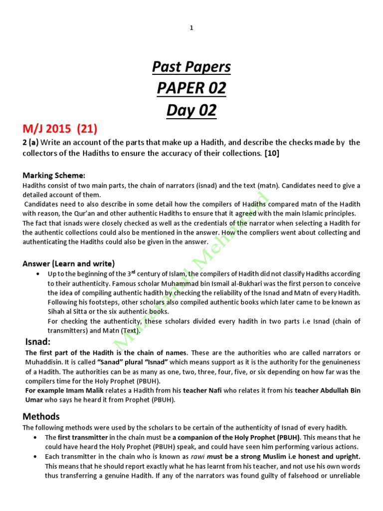 Past Papers P2 Day 02 March 2021 | PDF | Hadith | Hajj