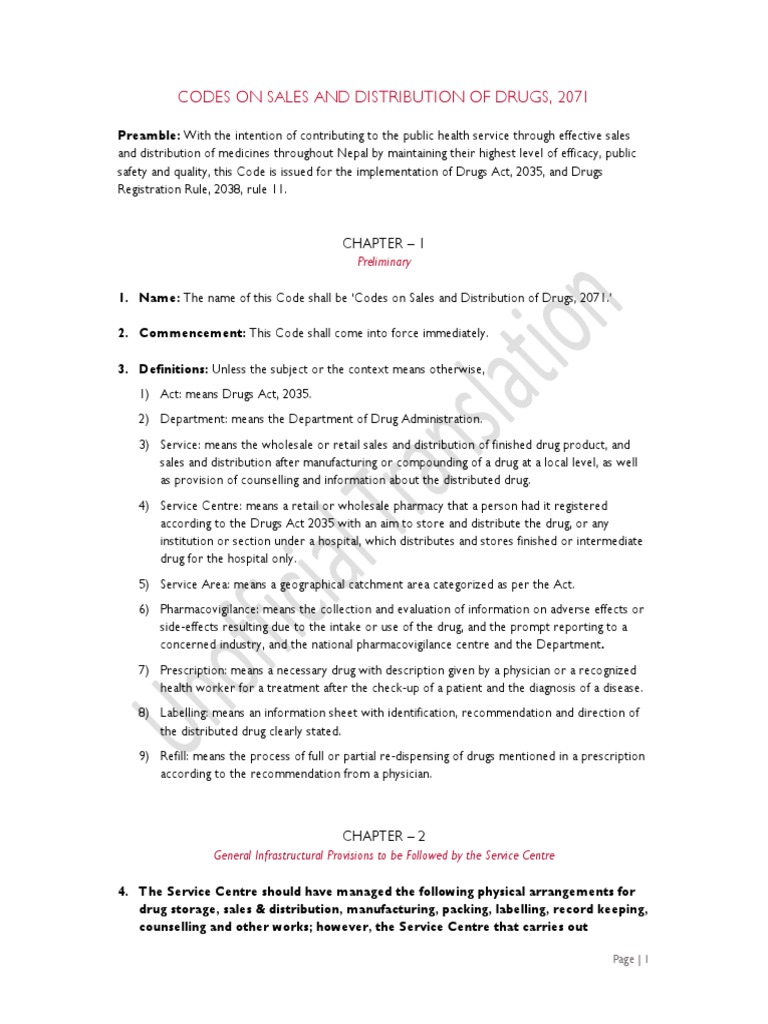 Drugs Sales and Distribution Codes, 2071 (2014) - Translated Final ...