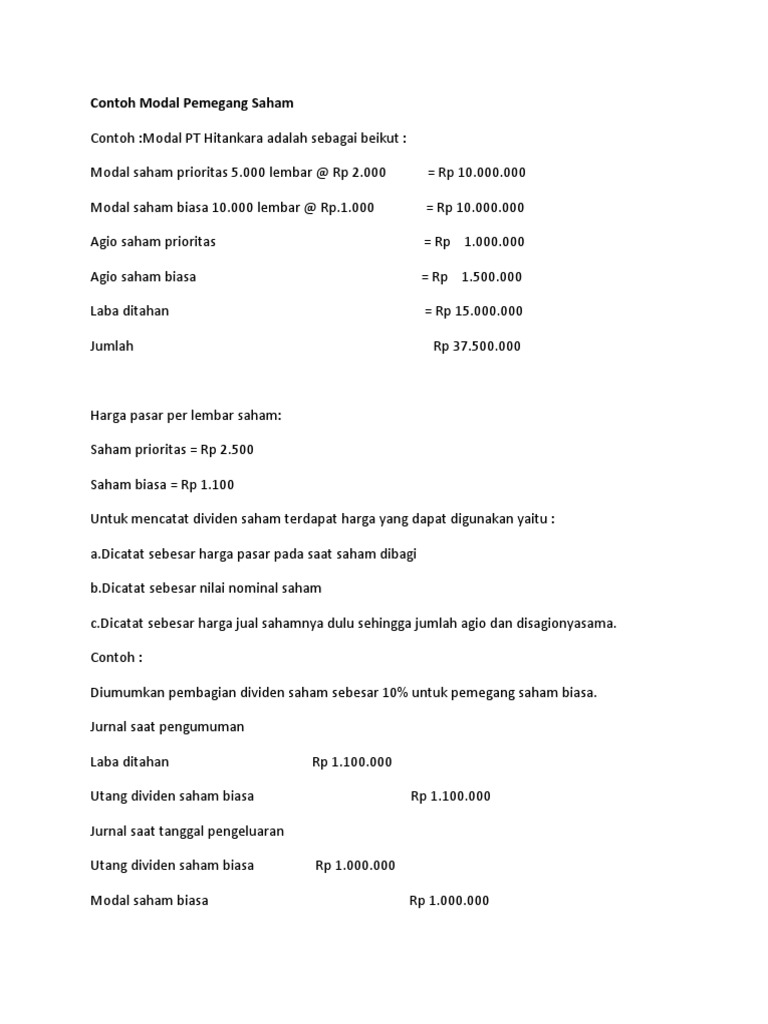 Contoh Modal Pemegang Saham Dan Surat Berharga Pasar Uang | PDF