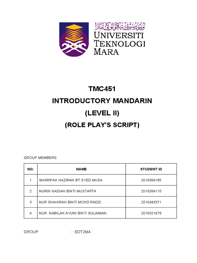 TMC451 Introductory Mandarin (Level Ii) : (Role Play'S Script) | PDF
