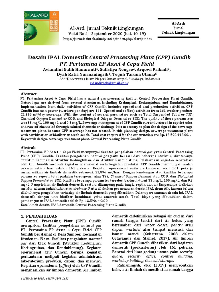 Desain IPAL Domestik Central Processing Plant (CPP) Gundih: PT ...