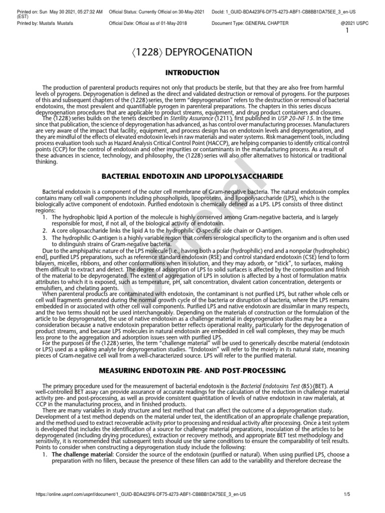 USP 1228 Depyrogenation | PDF | Lipopolysaccharide | Verification And ...