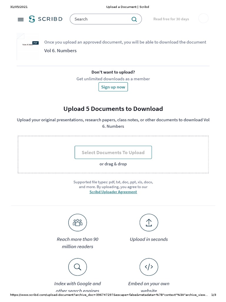 Upload 5 Documents To Download: Vol 6. Numbers | PDF | Scribd | Information Technology