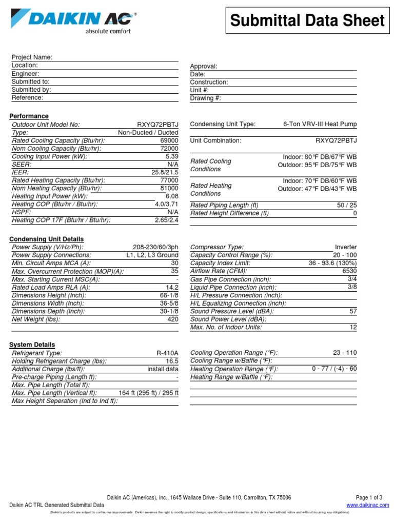 SDS-RXYQ72PBTJ Outdoor Unit Data Sheet | PDF | Thermodynamics ...