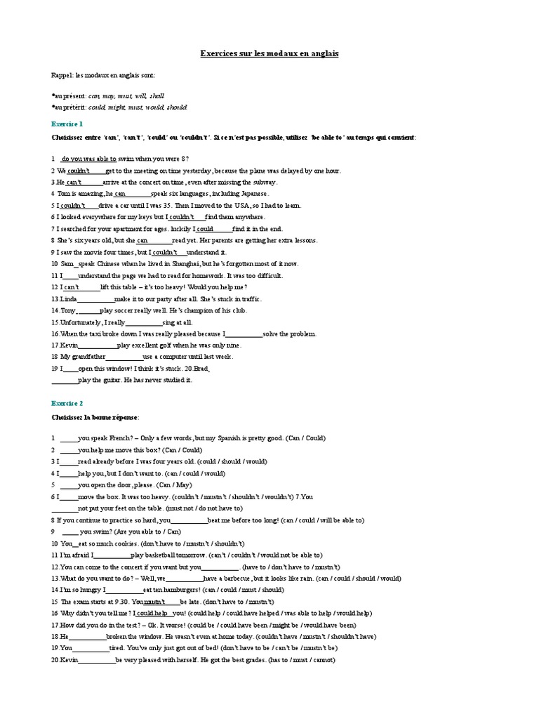 Les Verbes Modaux en Anglais 2 - Exercices | PDF