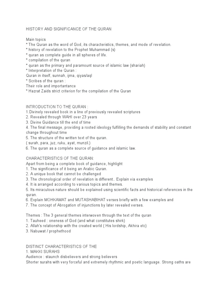 HISTORY AND SIGNIFICANCE OF THE QURAN (Rough Notes) | PDF | Quran | Islam