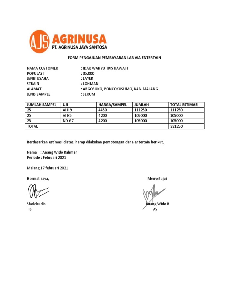 Pembayaran Laboratorium untuk Uji Sampel Ternak Ayam Formulir Pengajuan ...