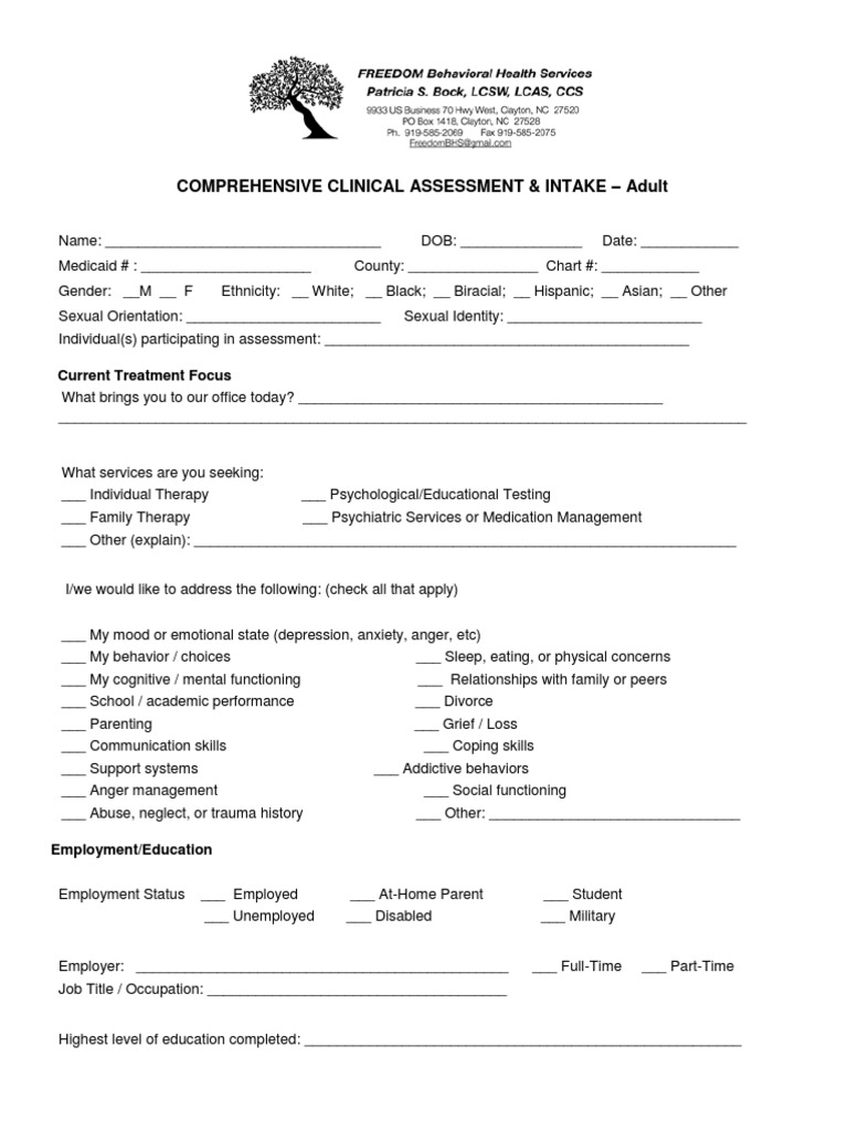 Comprehensive Clinical Assessment & Intake - Adult: Current Treatment ...