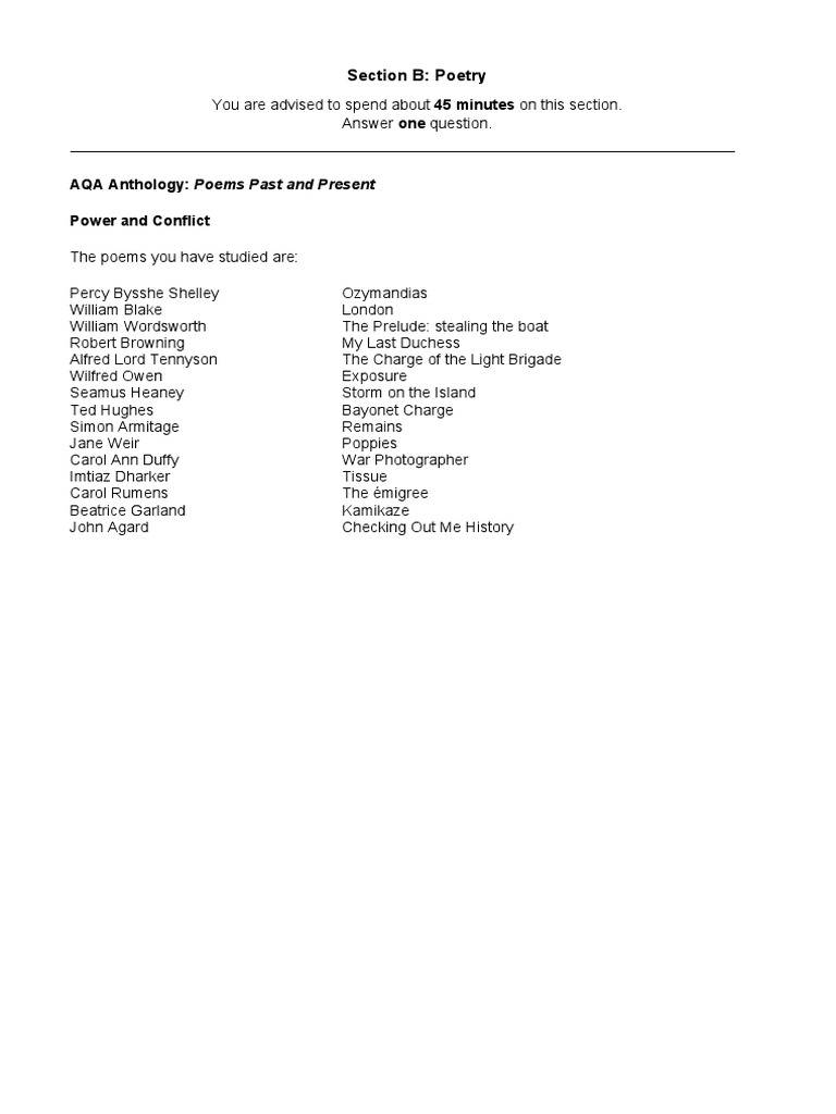 AQA Anthology: Poems Past and Present Power and Conflict: Section B ...