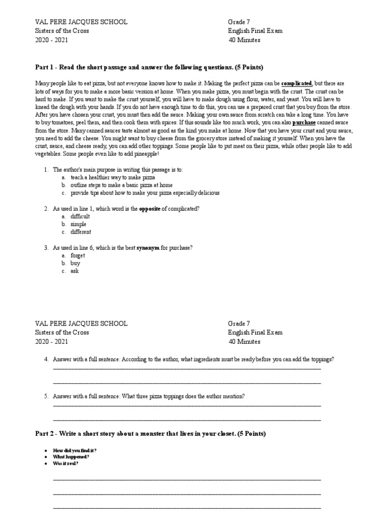 English Exam - Grade 2 or 3 | PDF | Pizza | Breads