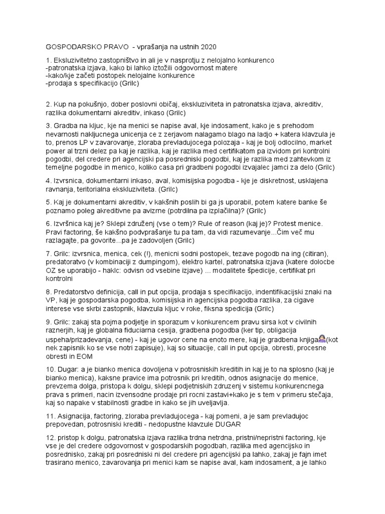 Gospodarsko Pravo Izpitna Vprašanja | PDF