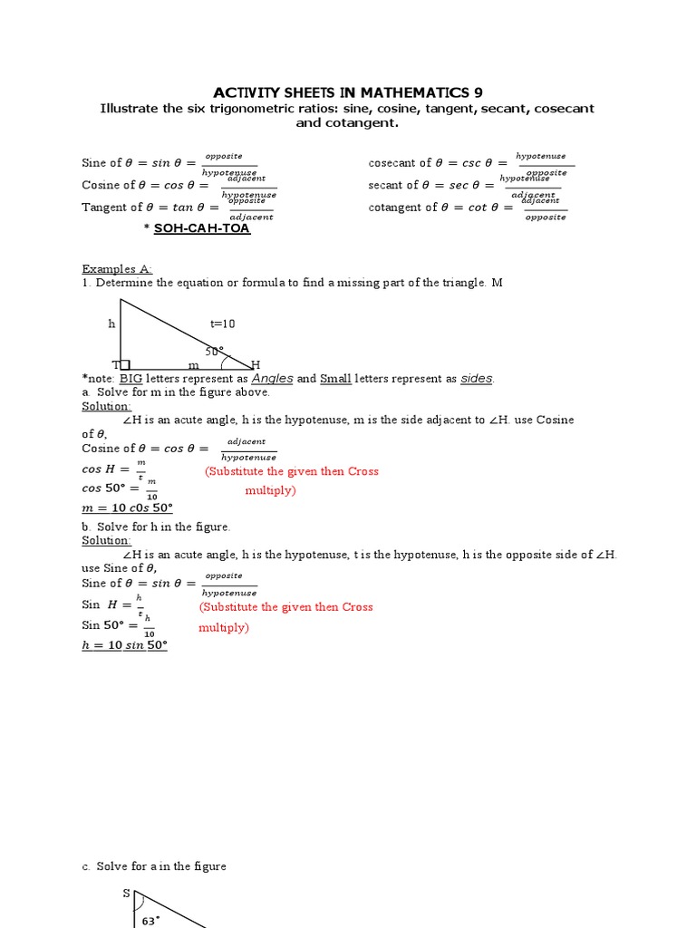 Activity Sheets in Mathematics 9 | PDF | Trigonometric Functions | Sine