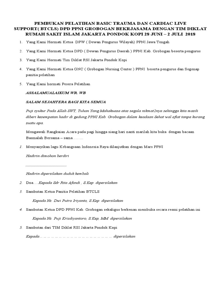 Susunan Acara Pembukaan Pelatihan BTCLS | PDF