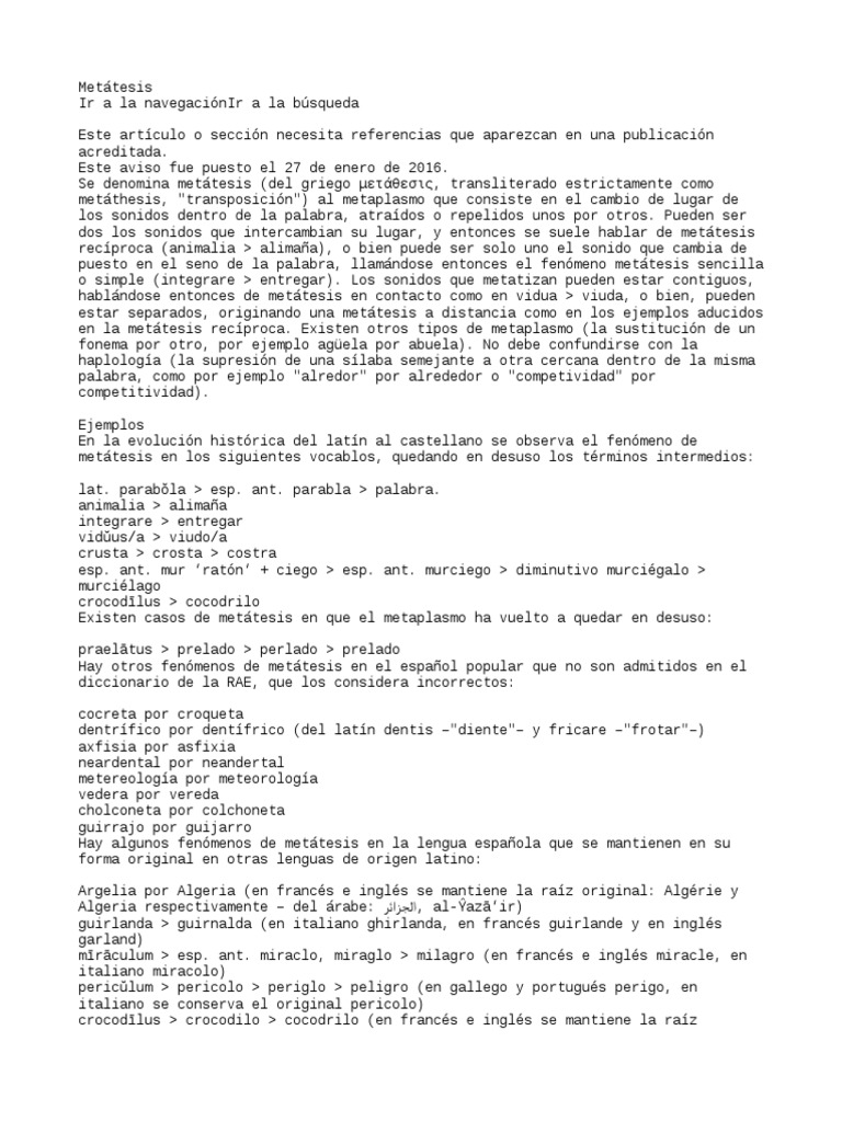 Metátesis | PDF | Asimilacion cultural | Fonología