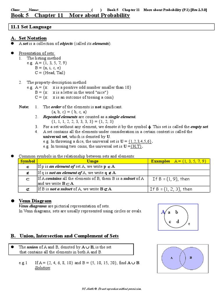 Book 5 Chapter 11 More About Probability: 11.1 Set Language A. Set Notation | PDF | Set ...