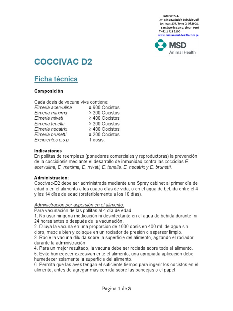 Coccivac D2 Ficha Tecnica 1 | PDF | Vacunas | Alimentos