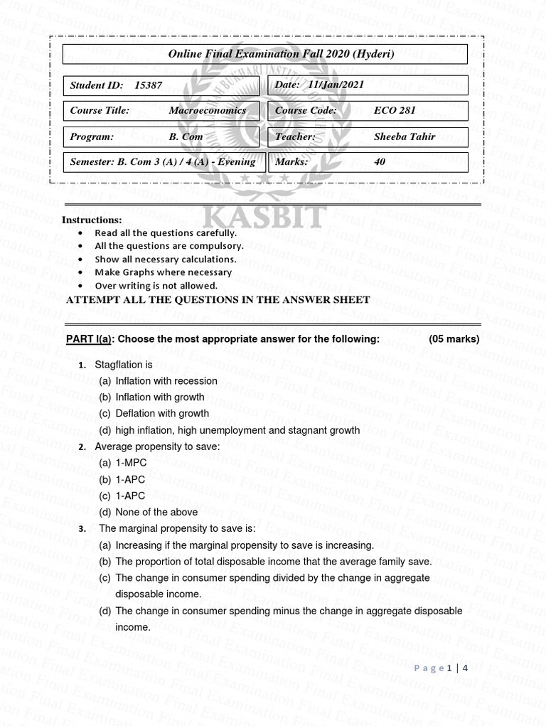 Macroeconomics Exam: Hyderi 2020 | PDF | Fiscal Policy | Inflation