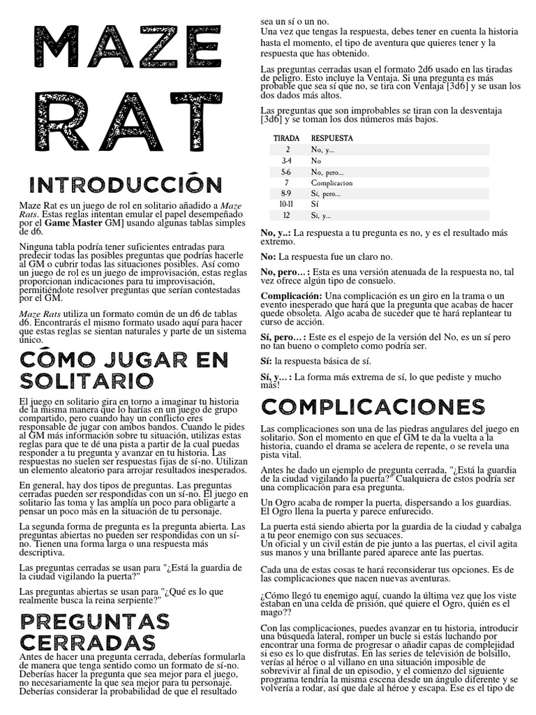 Maze Rat Solo Roleplay (Maze Rats) Es | PDF | Juegos de rol | Ocio