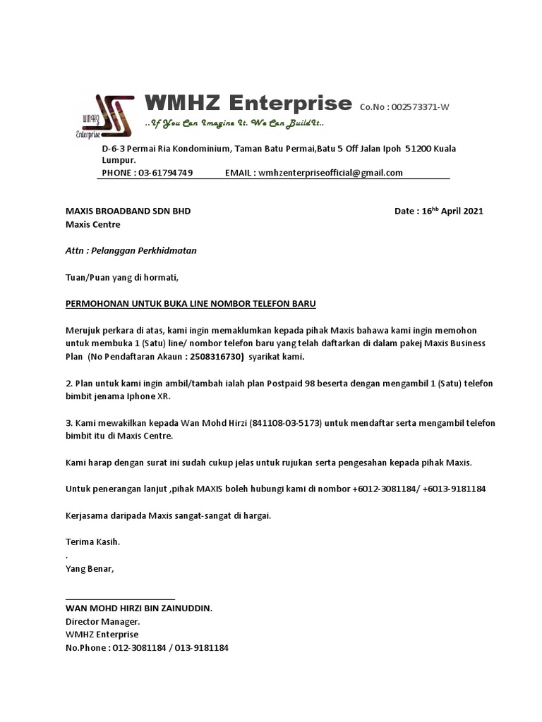 Surat Permohonan Buka Line Maxis | PDF